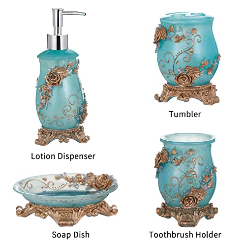 SLiipy Pig Bathroom Accessories Set, 4 Pcs Marble Look Bathroom Decor Set , Resin Gift Set Apartment Necessities, Include Dispenser Pump, Bar Soap Dish, Toothbrush Holder and Tumbler.
