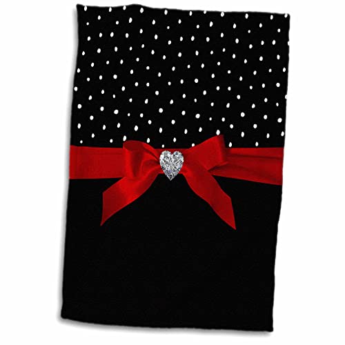 3dRose Polkadots Valentine-Black and White Dots Confetti Red Ribbon Diamond - Towel, 15 by 22-inch