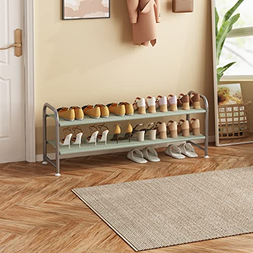 INGIORDAR 2 Tier Long Shoe Rack Wide Shoe Shelf Organizer and Storage for Floor Entryway Closet Shoe Stackable Wide Shelf Holds 12 Pairs of Sneakers Women Heels Boots, Grey