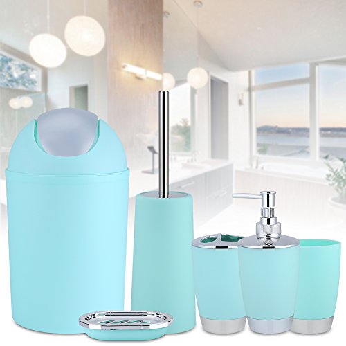 Yosoo 6 Piece Plastic Bathroom Accessory Set Luxury Bath Accessories Bath Set Lotion Bottles, Toothbrush Holder, Tooth Mug, Soap Dish, Toilet Brush, Trash Can (Light Green)