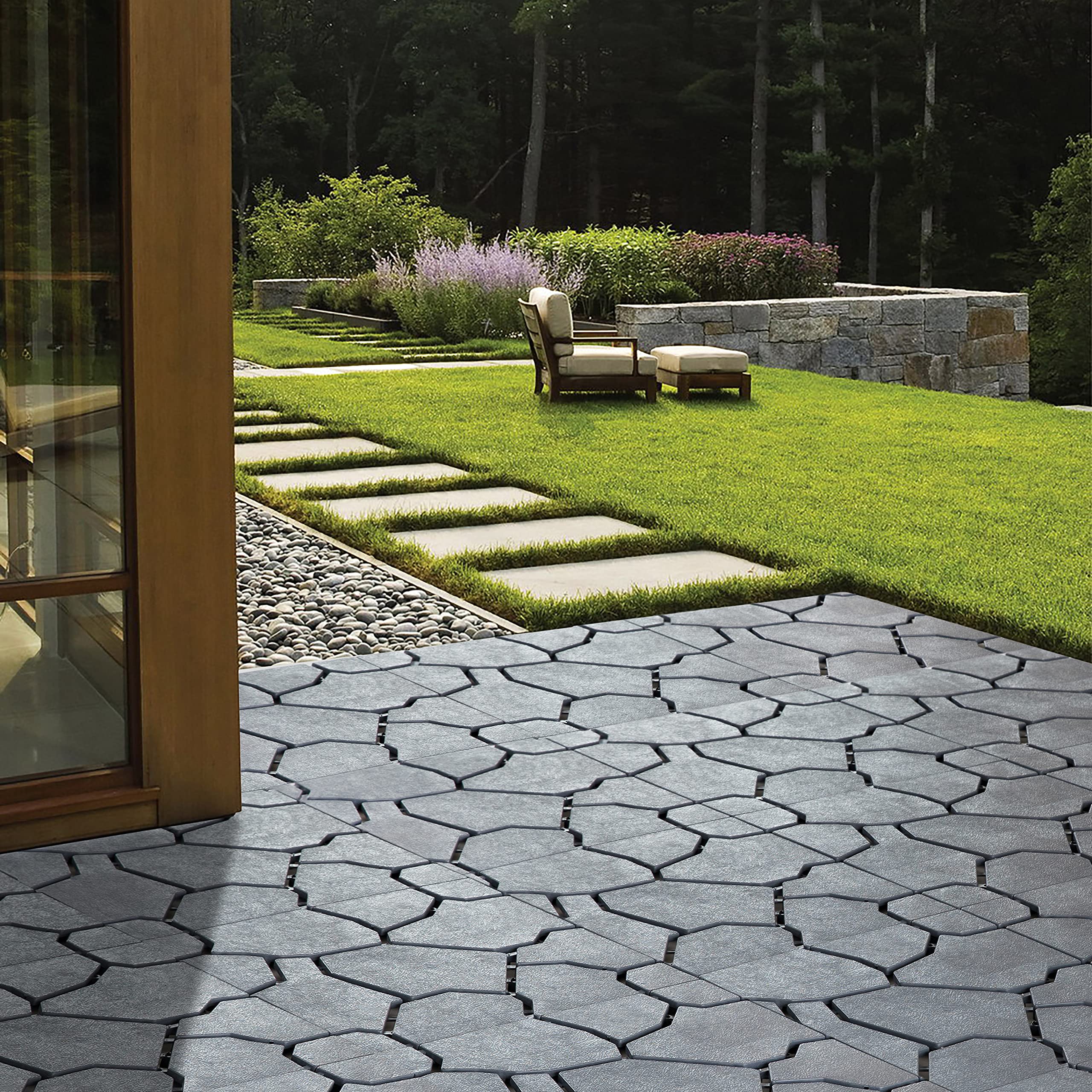 Gray Garden Path Track Interlocking Stone Look Design Pathway Tile Floor Paver, Pack of 4