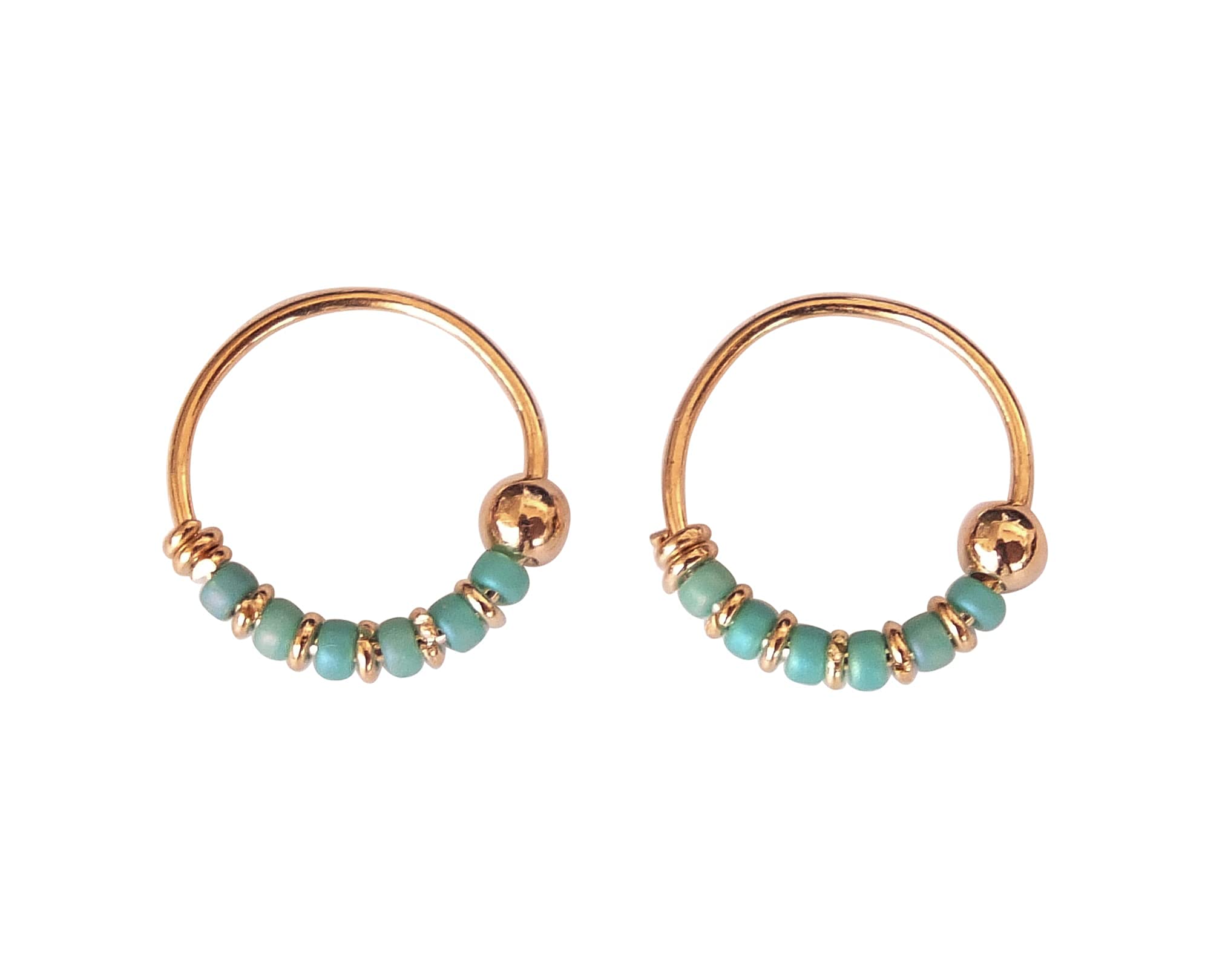 Handmade Gold Pair Small 10MM Cartilgae Helix Piercing Turquoise Beaded Hoop Earrings, Gold Plated over Sterling Silver Thin 22Gauge Beads Hoops for women, By Miya Jewelry