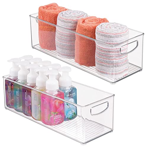 mDesign Plastic Toiletry Organizer for Bathroom - Storage Holder Bin w/Handles for Vanity, Drawers, Dresser - Holds Hair Products, Makeup, Lotion, Skincare and More - Ligne Collection - 2 Pack, Clear