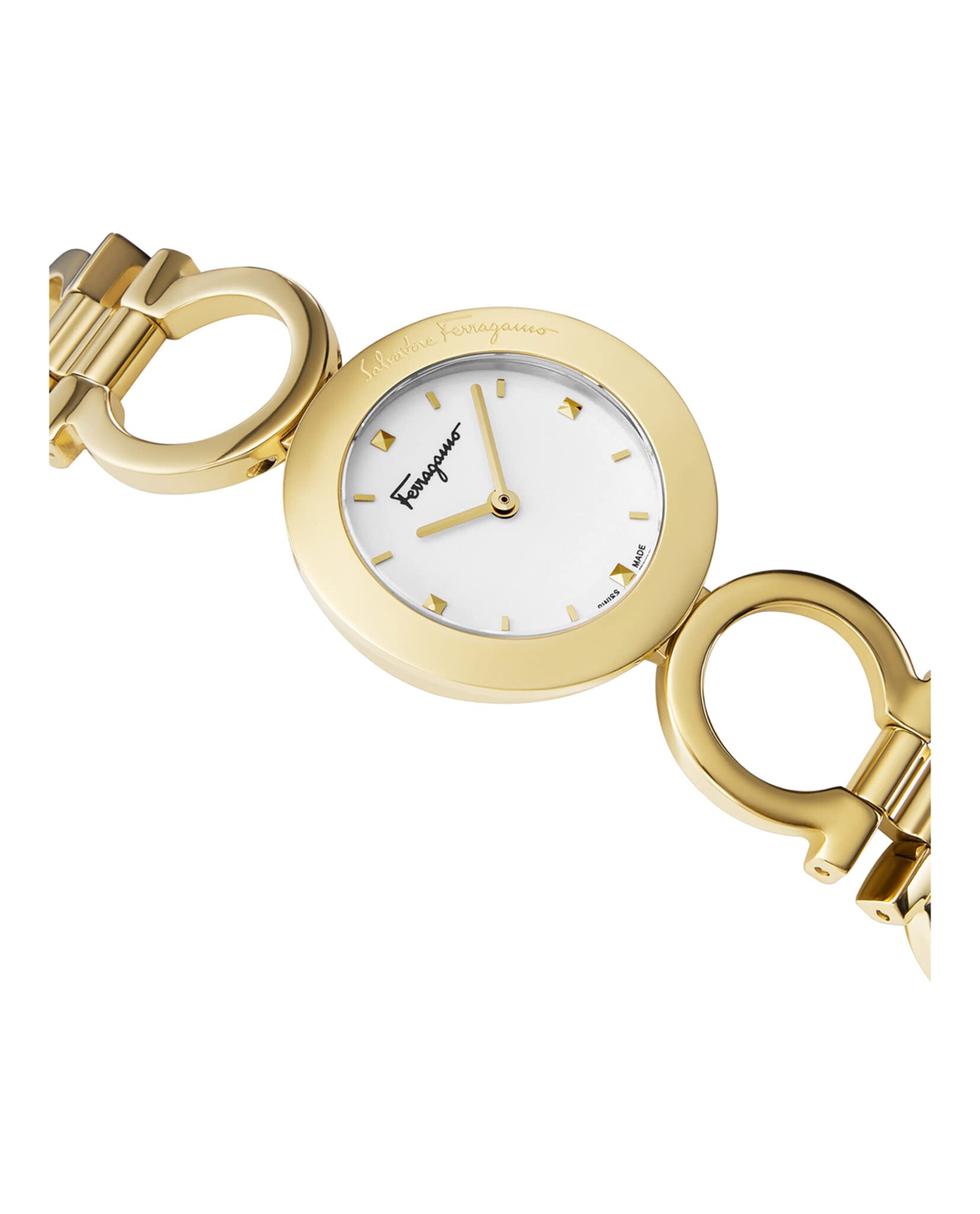 Ferragamo Gancino Collection Luxury Womens Watch Timepiece with a Gold Bracelet Featuring a Gold Case and White Dial
