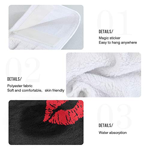 YYZZH Red Lip On Black Kitchen Hand Towels with Hook & Loop Set of 2 Absorbent Bath Hand Towel Hanging Tie Towel
