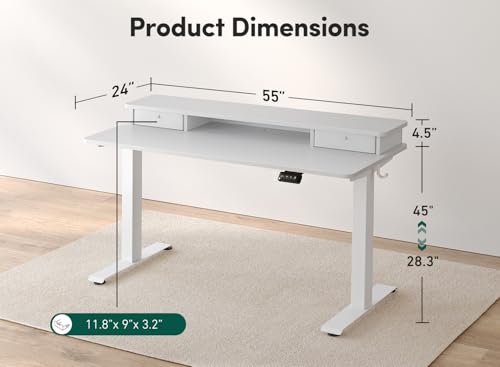 FEZIBO 55 x 24 Inch Height Adjustable Electric Standing Desk with Double Drawer, Stand Up Desk with Storage Shelf, Sit Stand Desk, White