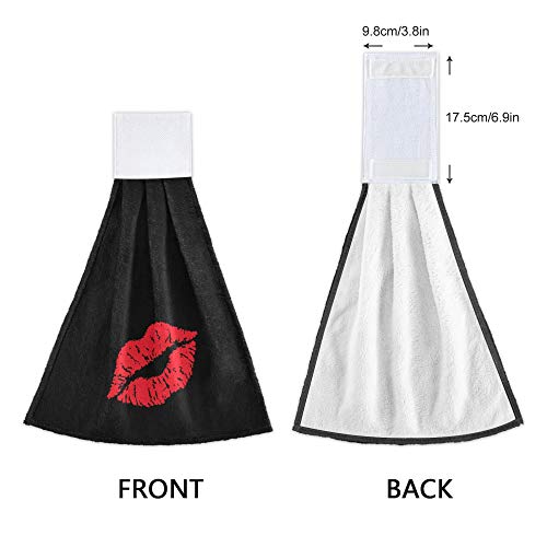 YYZZH Red Lip On Black Kitchen Hand Towels with Hook & Loop Set of 2 Absorbent Bath Hand Towel Hanging Tie Towel