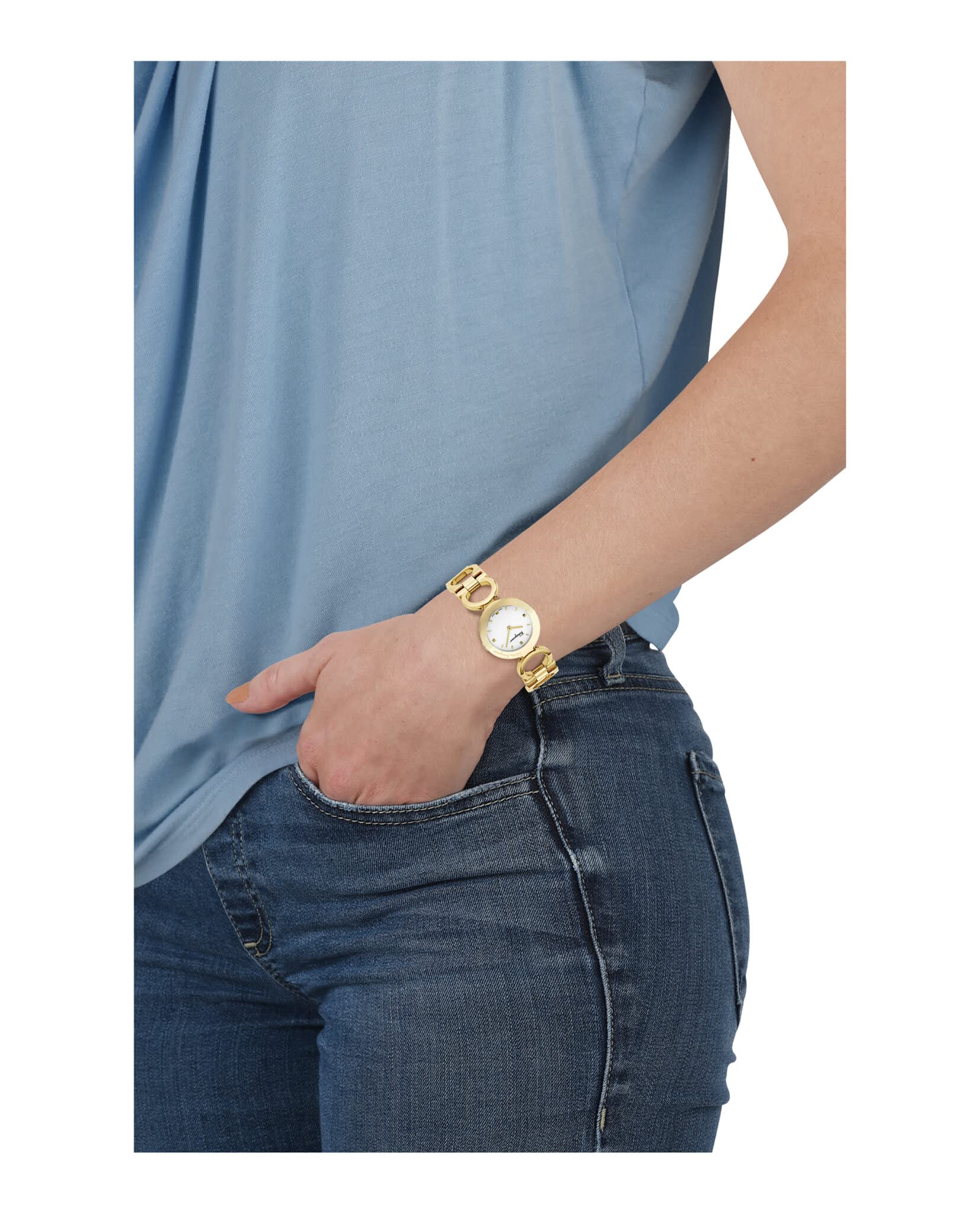 Ferragamo Gancino Collection Luxury Womens Watch Timepiece with a Gold Bracelet Featuring a Gold Case and White Dial