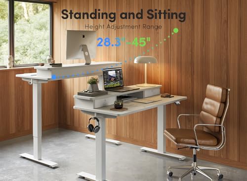 FEZIBO 55 x 24 Inch Height Adjustable Electric Standing Desk with Double Drawer, Stand Up Desk with Storage Shelf, Sit Stand Desk, White