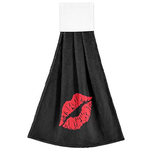 YYZZH Red Lip On Black Kitchen Hand Towels with Hook & Loop Set of 2 Absorbent Bath Hand Towel Hanging Tie Towel