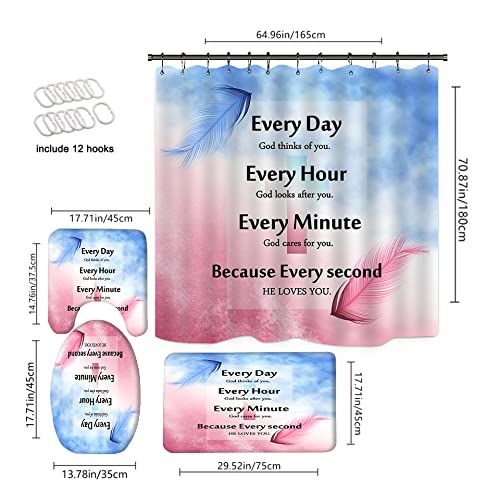 4pcs Christian Bible Verse Bathroom Shower Curtain Sets with Rugs Accessories,Bathroom Curtains Shower Set Bathroom Decor with 12 Hooks,Toilet Lid Cover Sets with Non-Slip Rug Bath Mat