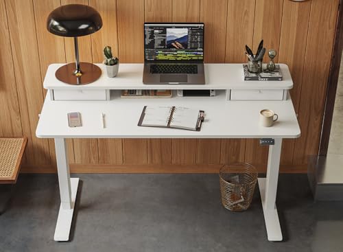 FEZIBO 55 x 24 Inch Height Adjustable Electric Standing Desk with Double Drawer, Stand Up Desk with Storage Shelf, Sit Stand Desk, White