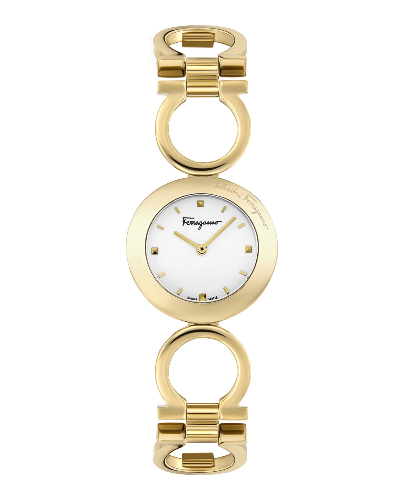 Ferragamo Gancino Collection Luxury Womens Watch Timepiece with a Gold Bracelet Featuring a Gold Case and White Dial