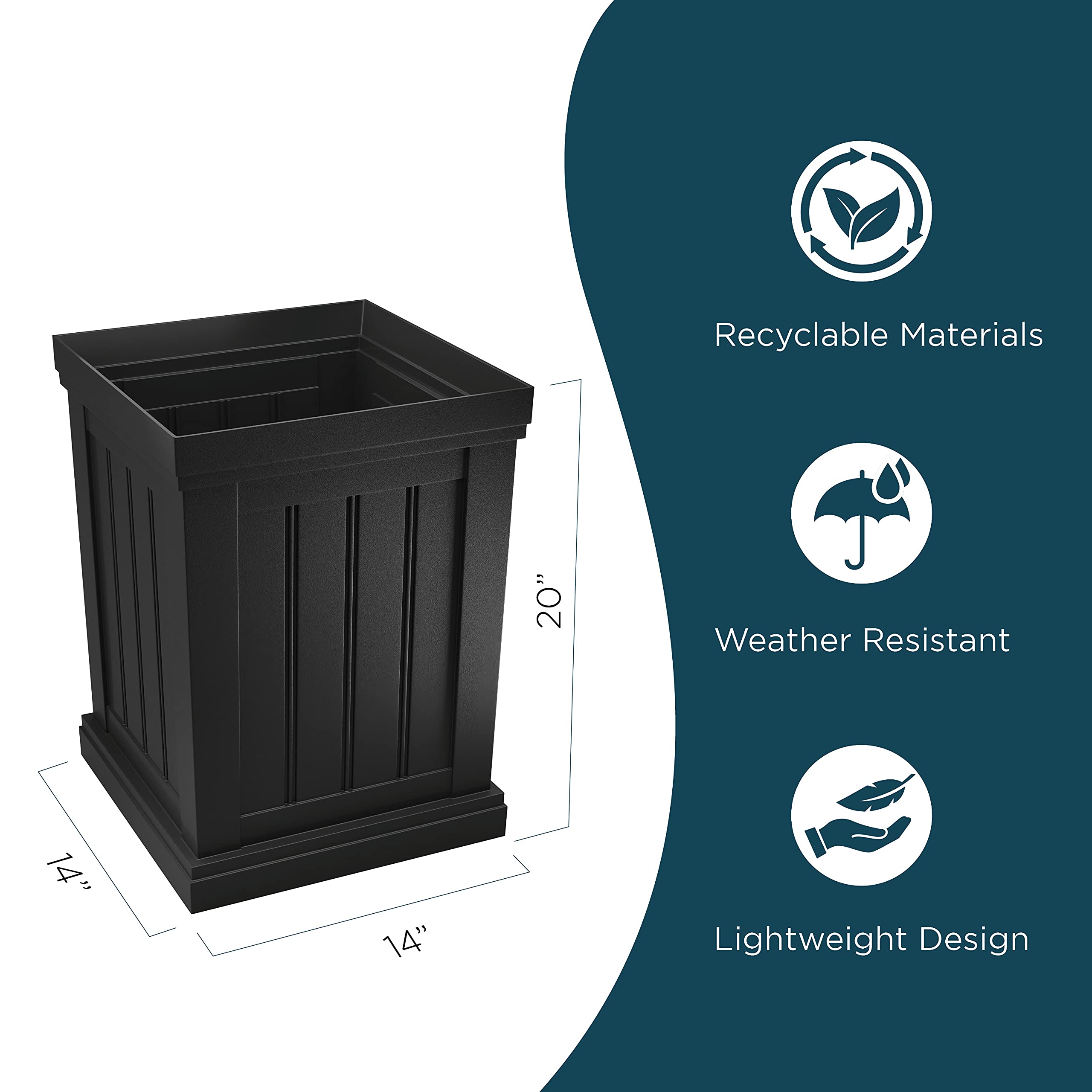 Verel 20 Inch Square Planter - Tall Planter with 32 Drainage Holes – Indoor and Outdoor Flower Pots for Front Door, Patio and Deck (Black)