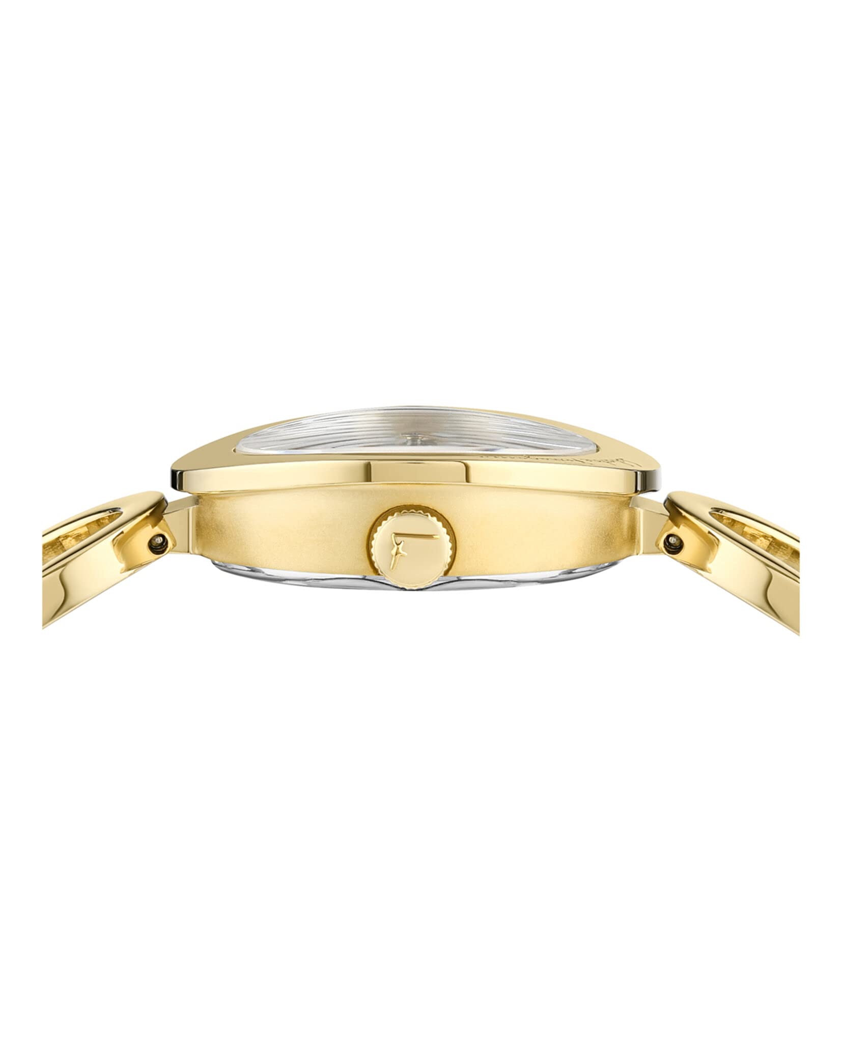 Ferragamo Gancino Collection Luxury Womens Watch Timepiece with a Gold Bracelet Featuring a Gold Case and White Dial