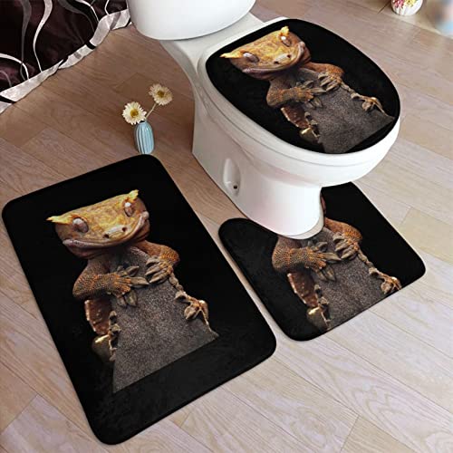 Aniaml Gecko Lizard Bathroom Carpet Floor Mat 3-Piece Set, Washable Bathroom Floor Mat/U-Shaped Toilet Mat/O-Shaped Toilet Lid Cover, with Solid Rubber Backing
