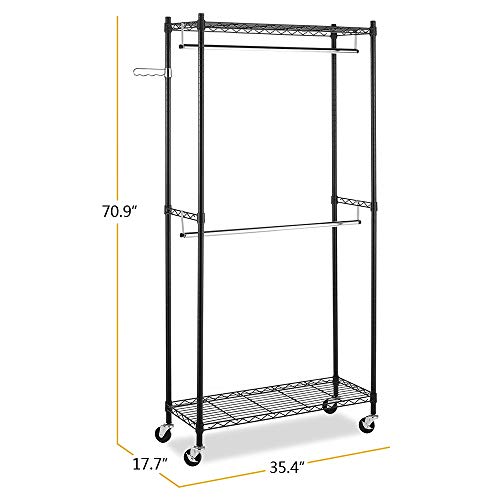 Karl home Wire Garment Rack on Wheels, Heavy Duty Rolling Clothes Rack with 2 Hanging Rods Shelves Hooks, Freestanding Adjustable Closet Organizer Wardrobe System Black Metal Frame