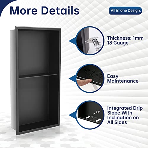 APPASO Shower Niche Insert 24" x 12" Matte Black Double Shelf Organizer, Square Corners 304 Stainless Steel Modern in Wall Bathroom Niche NO Tile Needed Niche de Douche