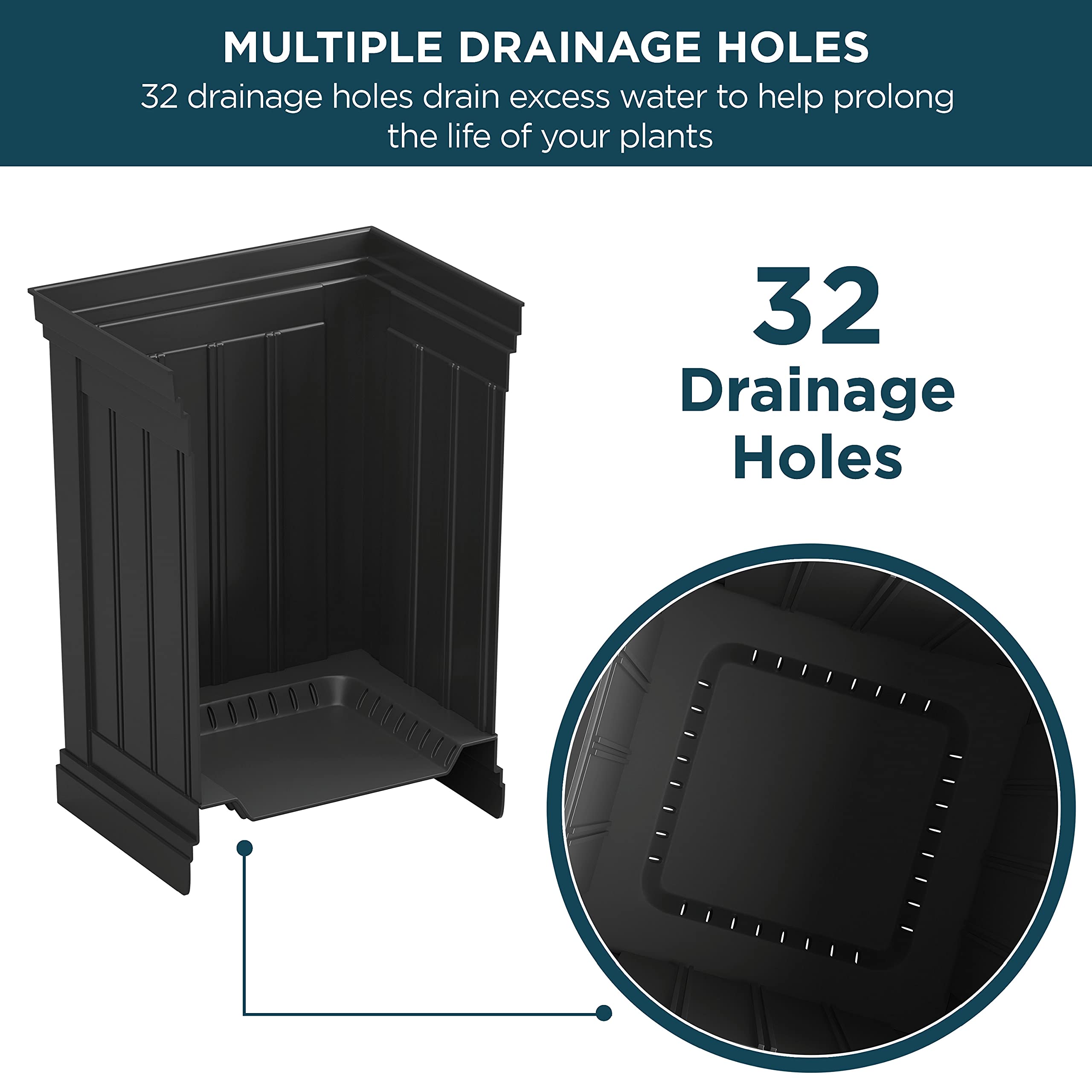 Verel 20 Inch Square Planter - Tall Planter with 32 Drainage Holes – Indoor and Outdoor Flower Pots for Front Door, Patio and Deck (Black)