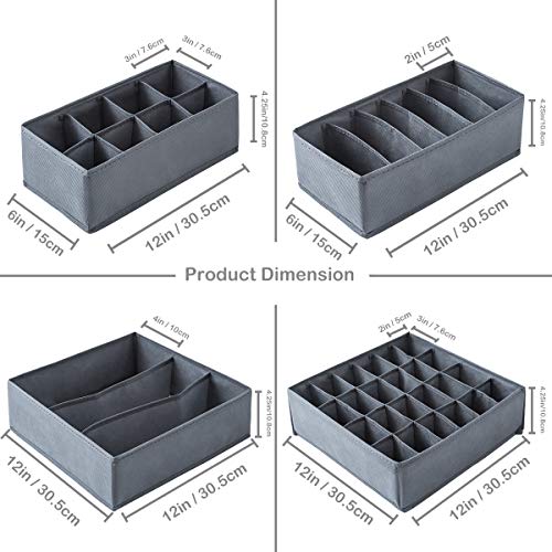 Qozary 4 Pack Foldable Drawer Organizers, Sock and Underwear Drawer Organizer Clothes, Desk Closet Fabric Organizer and Storage Drawer Dividers for Dresser Panties Underwear Bra Socks (Gray)