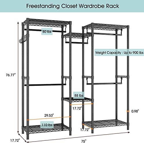 coucheta Clothes Rack Heavy Duty Garment Rack Portable Wardrobe Closet with Adjustable Shelves, Hanging Rods, Side Hooks for Hanging Clothes, Freestanding & L-shaped Closet (1 inch Diameter, Black)