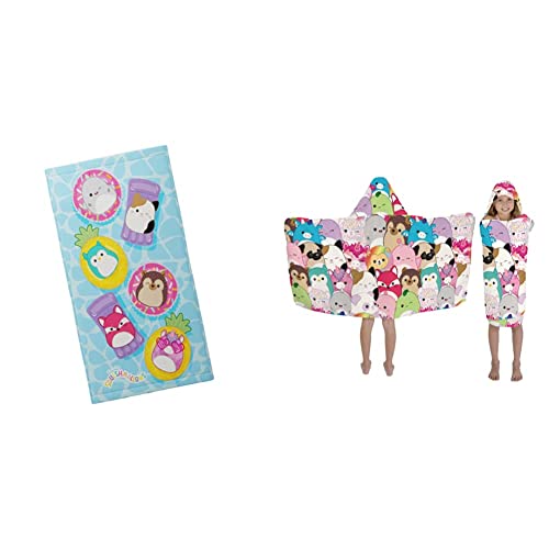 Franco Squishmallows Super Soft Cotton Bath/Pool/Beach Towel, 58 in x 28 in & Squishmallows Kids Bath/Pool/Beach Soft Cotton Terry Hooded Towel Wrap, 24 in x 50 in