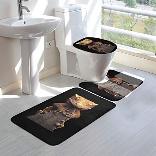 Aniaml Gecko Lizard Bathroom Carpet Floor Mat 3-Piece Set, Washable Bathroom Floor Mat/U-Shaped Toilet Mat/O-Shaped Toilet Lid Cover, with Solid Rubber Backing