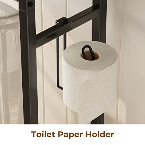 Rolanstar Over The Toilet Storage, 4-Tier Wooden Bathroom Space Saver with Hooks, Freestanding Bathroom Organizer, Multifunctional Over The Toilet Storage Rack, Bathroom Toilet Rack, Rustic Brown