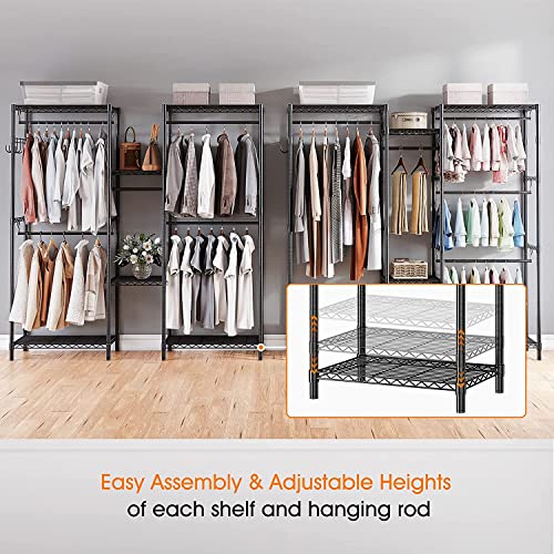 coucheta Clothes Rack Heavy Duty Garment Rack Portable Wardrobe Closet with Adjustable Shelves, Hanging Rods, Side Hooks for Hanging Clothes, Freestanding & L-shaped Closet (1 inch Diameter, Black)