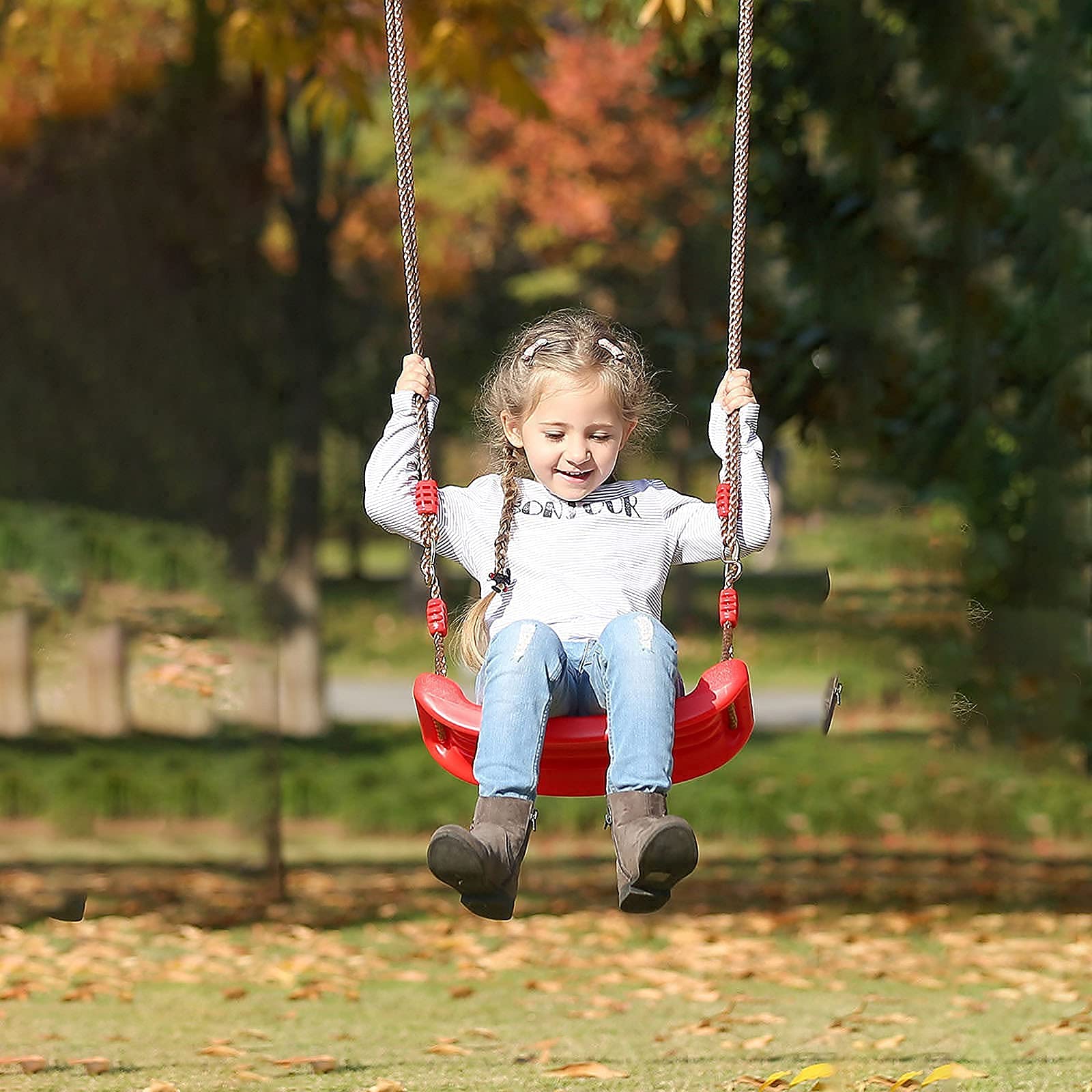 Plastic Swing Seat,Kids Swing Seat with 6.6ft Adjustable Rope and 2 Carabiners,Red Swings Pro with Non Slip Tape for Backyard Playground Indoor Outdoor