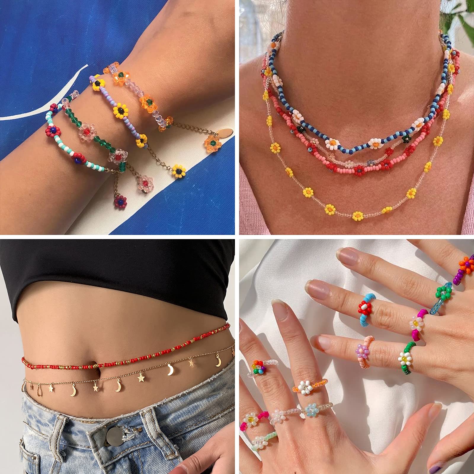 QUEFE 6480pcs Glass Seed Beads 4mm Bracelet Beads for Jewelry Making Kit, Small Waist Craft Beads, 260pcs Alphabet Letter Beads with Elastic String Cords and Charms