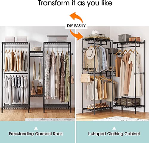 coucheta Clothes Rack Heavy Duty Garment Rack Portable Wardrobe Closet with Adjustable Shelves, Hanging Rods, Side Hooks for Hanging Clothes, Freestanding & L-shaped Closet (1 inch Diameter, Black)