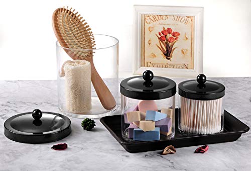 Premium Quality Apothecary Jars - Clear Plastic Storage Jars with Rust Proof Stainless Steel Lids - Bathroom Vanity Countertop Storage Organizer Canister Holder House Decor | Set of 3 (Black)