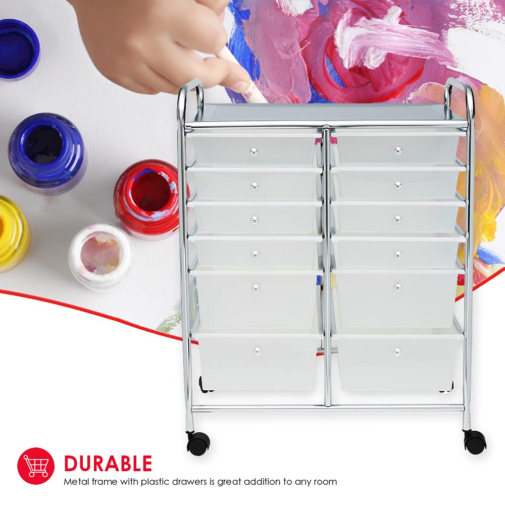 Home Basics 12 Drawer Storage Cart | White | Great for Office | Portable with Multi Size Drawers | Organize Crafts | Castor Wheels