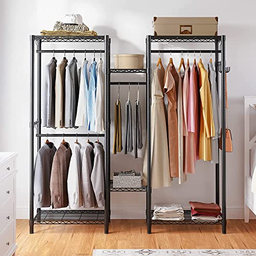 coucheta Clothes Rack Heavy Duty Garment Rack Portable Wardrobe Closet with Adjustable Shelves, Hanging Rods, Side Hooks for Hanging Clothes, Freestanding & L-shaped Closet (1 inch Diameter, Black)