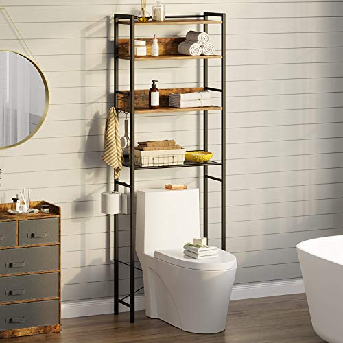 Rolanstar Over The Toilet Storage, 4-Tier Wooden Bathroom Space Saver with Hooks, Freestanding Bathroom Organizer, Multifunctional Over The Toilet Storage Rack, Bathroom Toilet Rack, Rustic Brown
