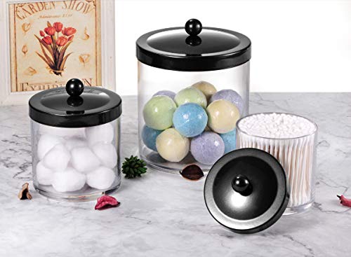 Premium Quality Apothecary Jars - Clear Plastic Storage Jars with Rust Proof Stainless Steel Lids - Bathroom Vanity Countertop Storage Organizer Canister Holder House Decor | Set of 3 (Black)