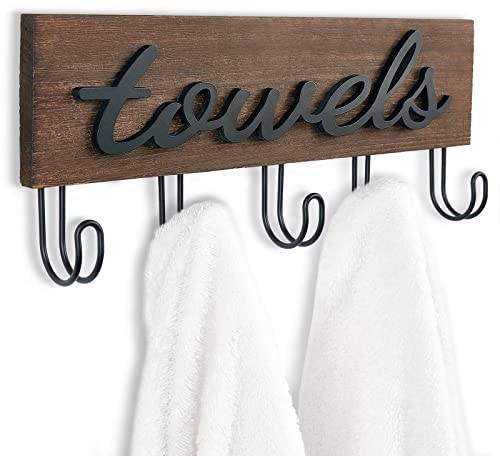 Mkono Towel Holder Wall Mounted Towel Rack Bathroom Decor Rustic Wood Towel Hooks to Hang Towels Bathrobe Robe Coat Clothing, 12.6" x 5.2" Bath Towel Hanger Storage Home Decor Organizer