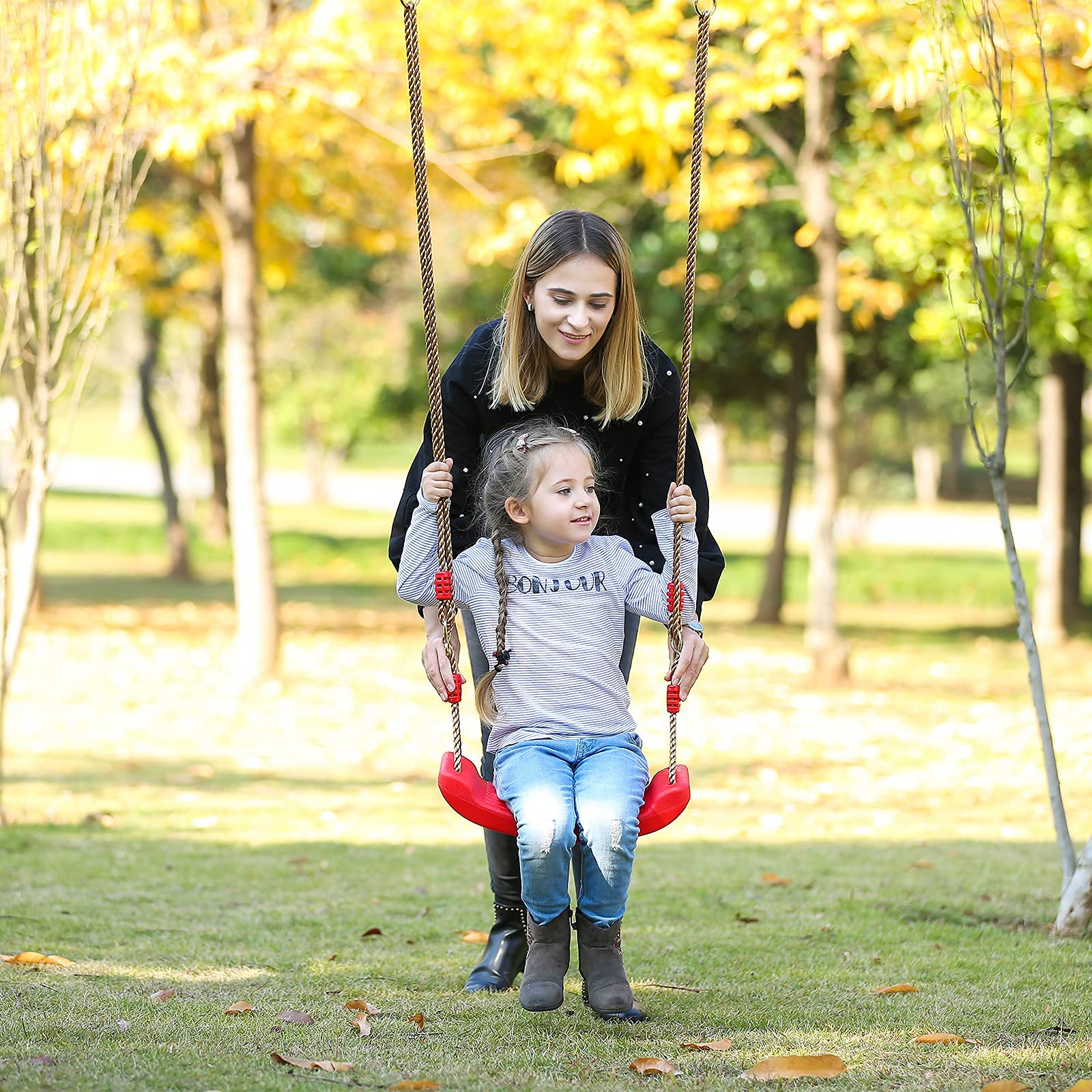 Plastic Swing Seat,Kids Swing Seat with 6.6ft Adjustable Rope and 2 Carabiners,Red Swings Pro with Non Slip Tape for Backyard Playground Indoor Outdoor