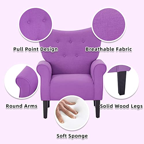 YOLENY Modern Accent Chair,High Back Armchair,Upholstered Fabric Button Single Sofa with Wooden Legs for Living Room, Bedroom, Club, Purple