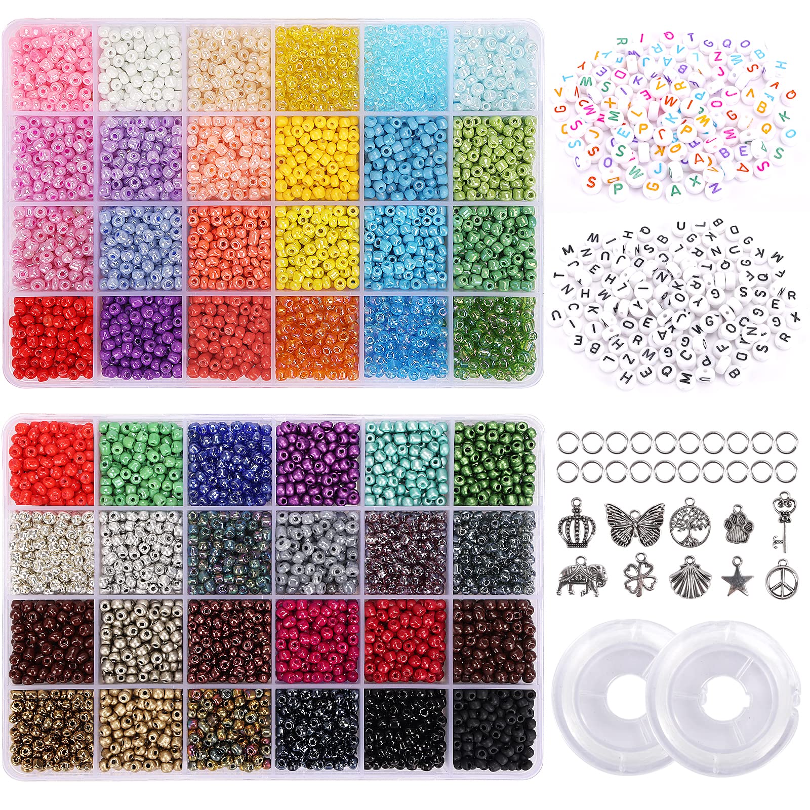 QUEFE 6480pcs Glass Seed Beads 4mm Bracelet Beads for Jewelry Making Kit, Small Waist Craft Beads, 260pcs Alphabet Letter Beads with Elastic String Cords and Charms