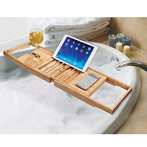 InterDesign Formbu Bathtub Caddy with Reading Tray, Wine, Tablet and Phone Holder - Natural