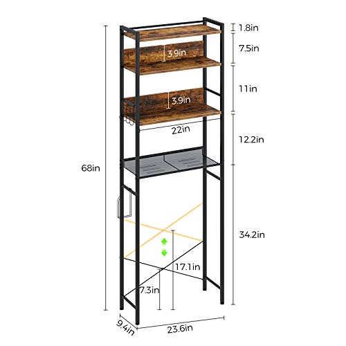 Rolanstar Over The Toilet Storage, 4-Tier Wooden Bathroom Space Saver with Hooks, Freestanding Bathroom Organizer, Multifunctional Over The Toilet Storage Rack, Bathroom Toilet Rack, Rustic Brown
