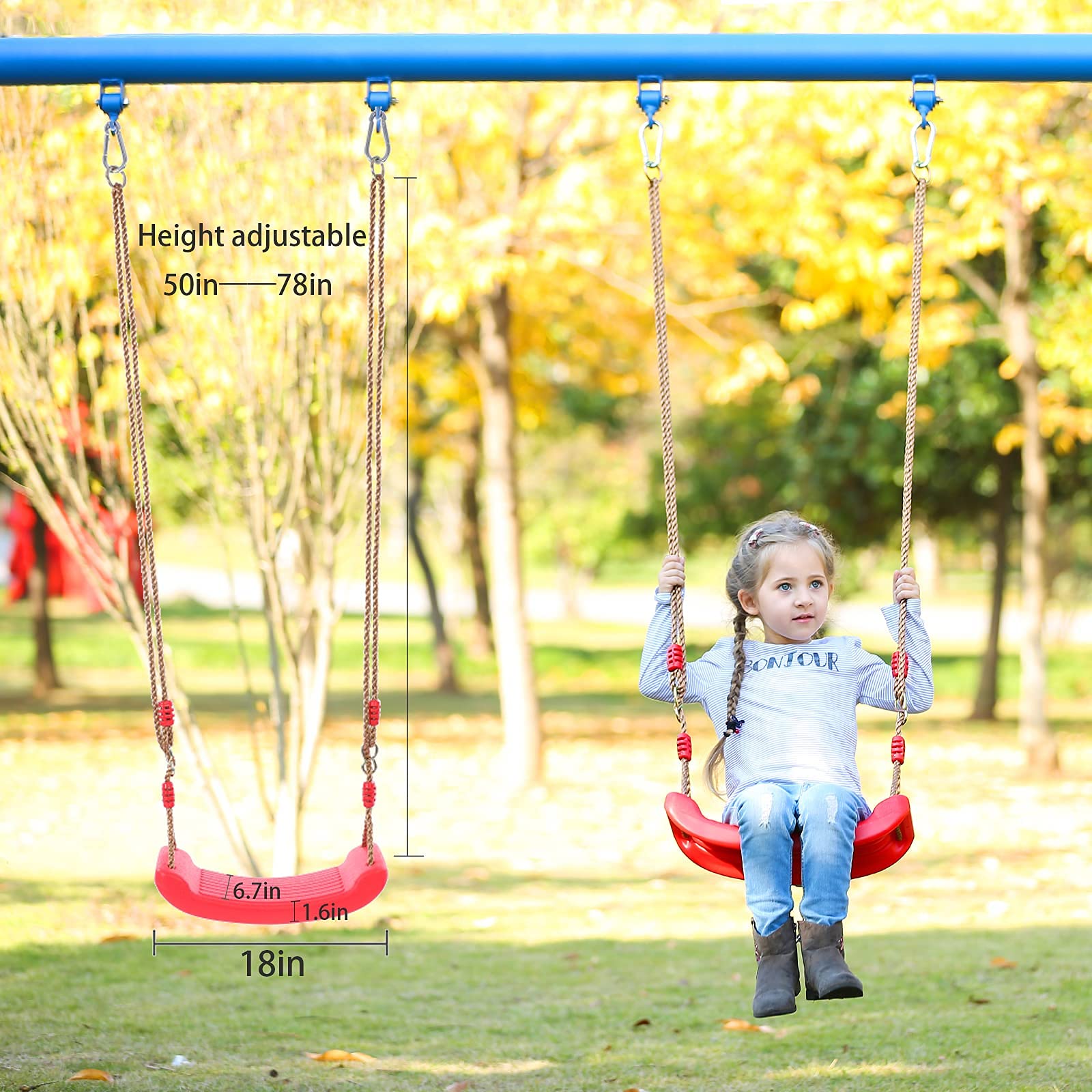 Plastic Swing Seat,Kids Swing Seat with 6.6ft Adjustable Rope and 2 Carabiners,Red Swings Pro with Non Slip Tape for Backyard Playground Indoor Outdoor