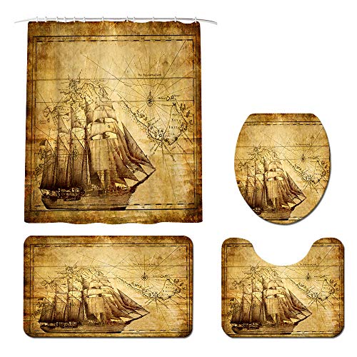 LyerArtork 4Pcs Nautical Map Shower Curtain Sets with Non-Slip Rug Toilet Lid Cover and Bath Mat Vintage Ocean Map Bathroom Curtain Retro Brown Bath Accessories with 12 pcs Hooks