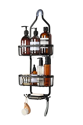 GAKEIHOO Hanging Shower Caddy, Non Drilling Shower Caddy Over Shower Head with Hooks for Razor and Sponge, Rustproof Shower Racks for Inside Shower for Bathroom & Shower Room(Black)