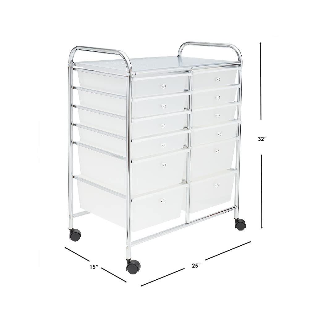 Home Basics 12 Drawer Storage Cart | White | Great for Office | Portable with Multi Size Drawers | Organize Crafts | Castor Wheels