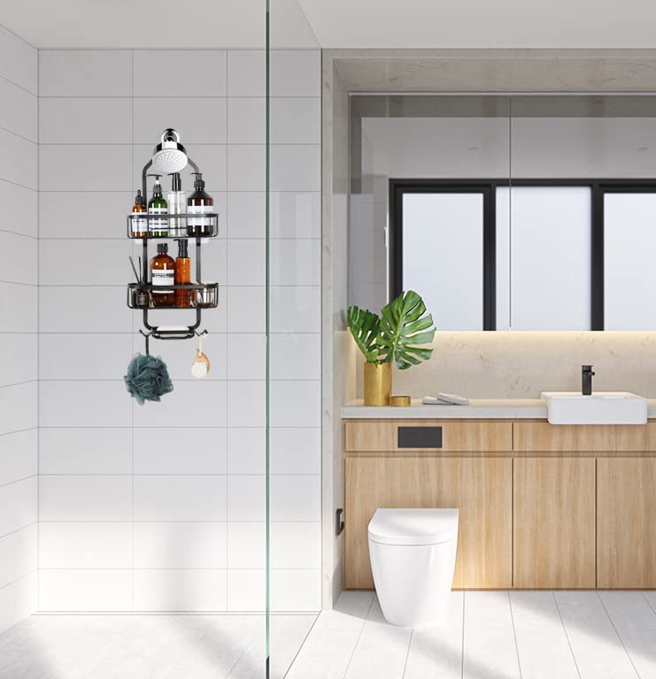 GAKEIHOO Hanging Shower Caddy, Non Drilling Shower Caddy Over Shower Head with Hooks for Razor and Sponge, Rustproof Shower Racks for Inside Shower for Bathroom & Shower Room(Black)