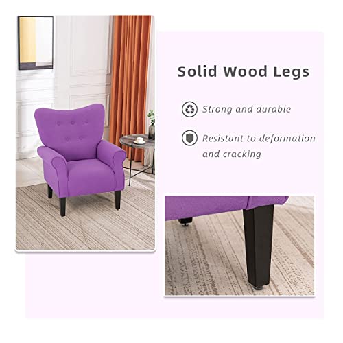 YOLENY Modern Accent Chair,High Back Armchair,Upholstered Fabric Button Single Sofa with Wooden Legs for Living Room, Bedroom, Club, Purple