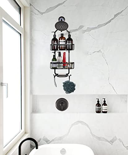 GAKEIHOO Hanging Shower Caddy, Non Drilling Shower Caddy Over Shower Head with Hooks for Razor and Sponge, Rustproof Shower Racks for Inside Shower for Bathroom & Shower Room(Black)
